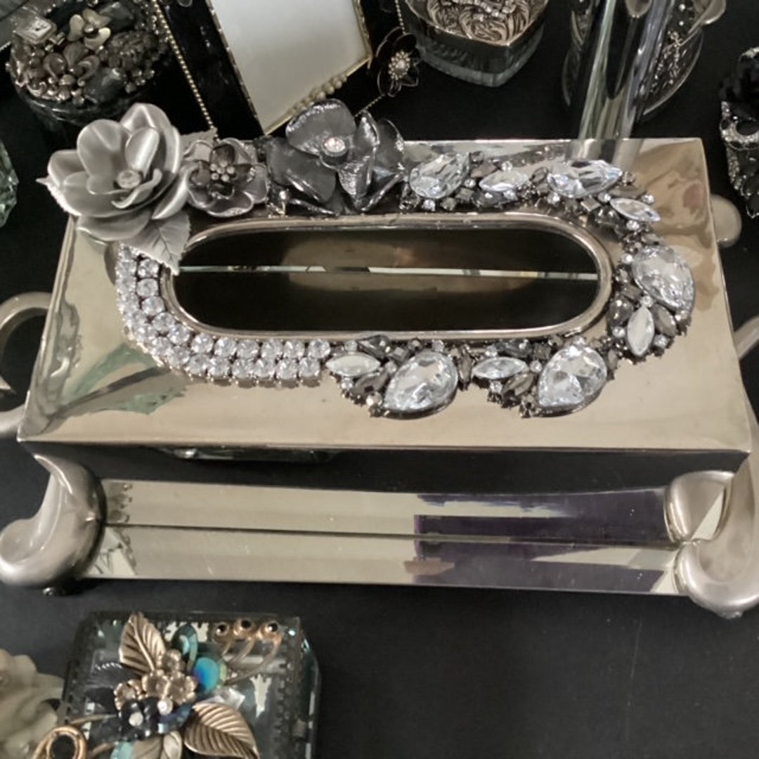 Jeweled Tissue Box Cover: Chrome Finish, Rhinestone Flower Decor - Etsy