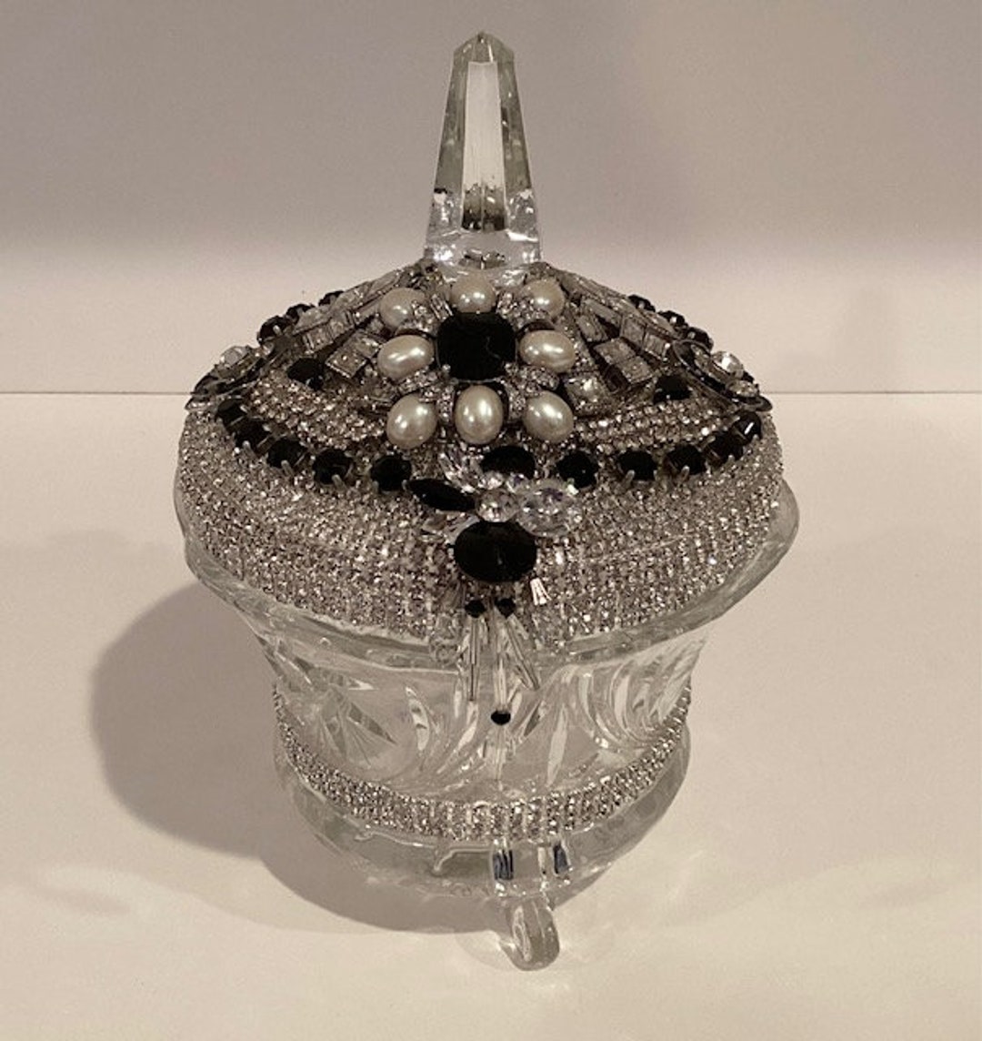 Rhinestone Jeweled Cut Glass Jar, Clear, Black and Pearl, Jewelry Box ...