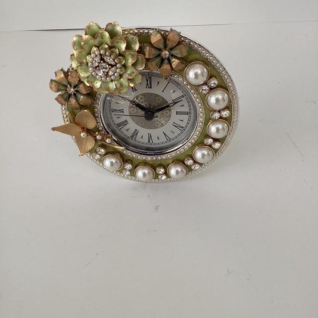 Beautiful Round Jeweled Clock, Green Enamel, New and Vintage Jewels, 5 ...