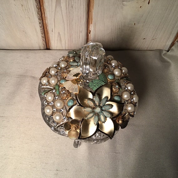 Cut Glass Jar Adorned With Aqua Pearl and Gold Jewels. Beach | Etsy