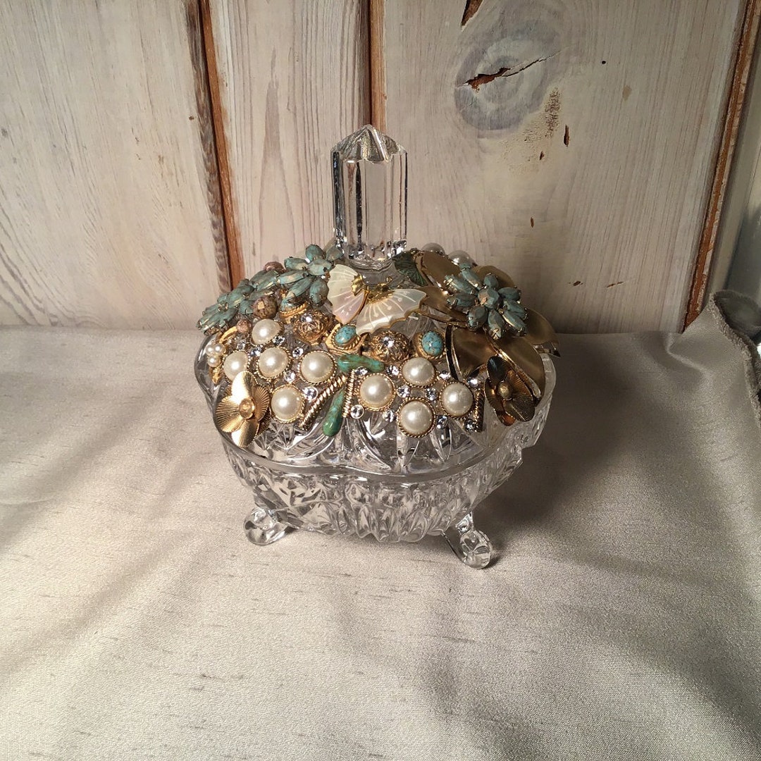 Cut Glass Jar Adorned With Aqua, Pearl and Gold Jewels. Beach House ...