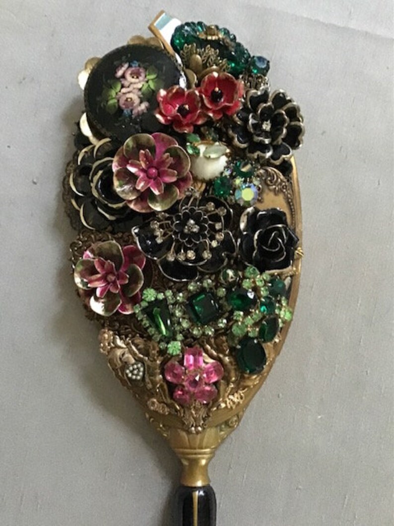 Hand Held Mirror Antique Art Deco Black and Brass Jewel - Etsy