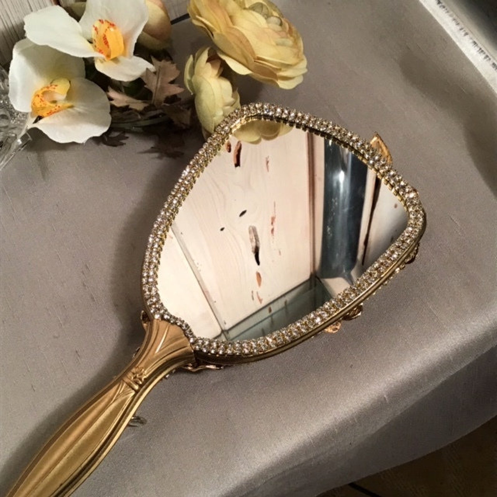Vintage Hand Mirror Bejeweled Gold and Rhinestone Bedroom or - Etsy