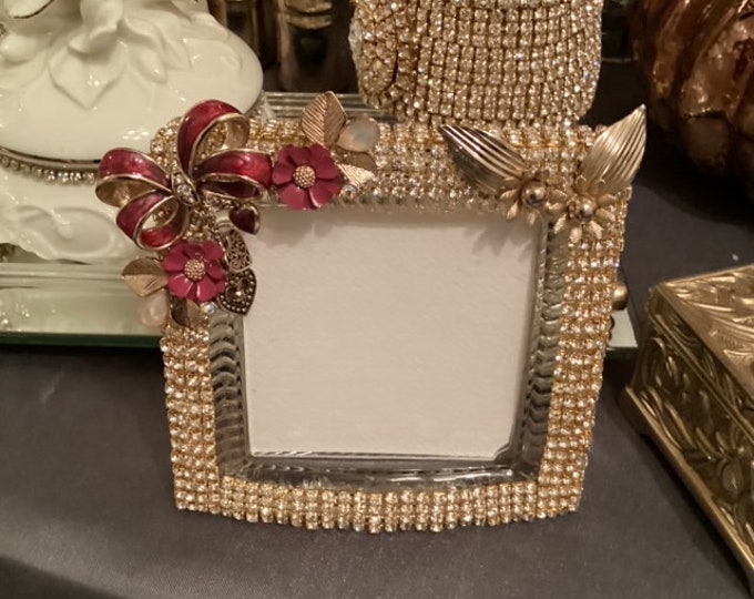Rhinestone Encrusted Frame, Gold and Red Jeweled Frame, 3 X 3 Photo ...
