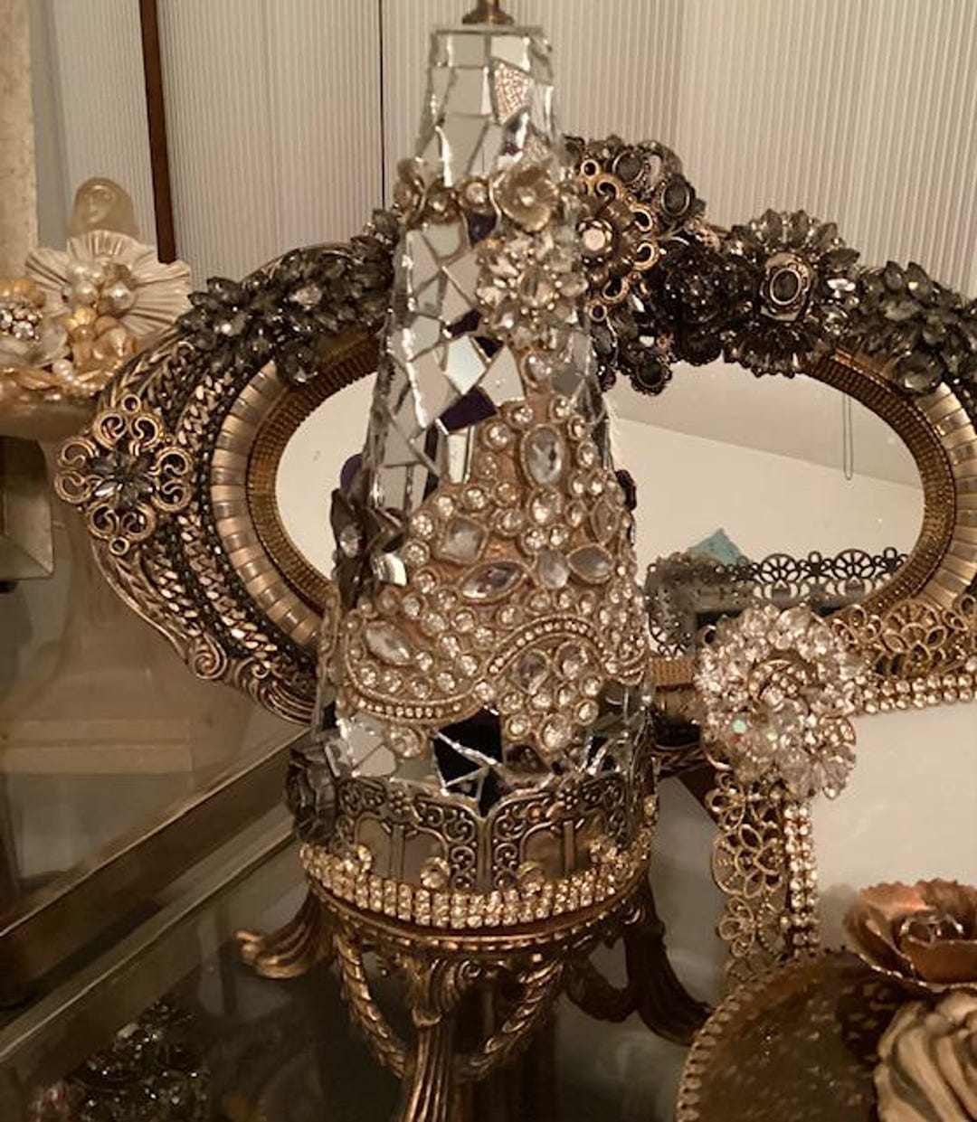 Decorative Mirror and Jeweled Christmas Tree, Mantle Shelf Decor ...