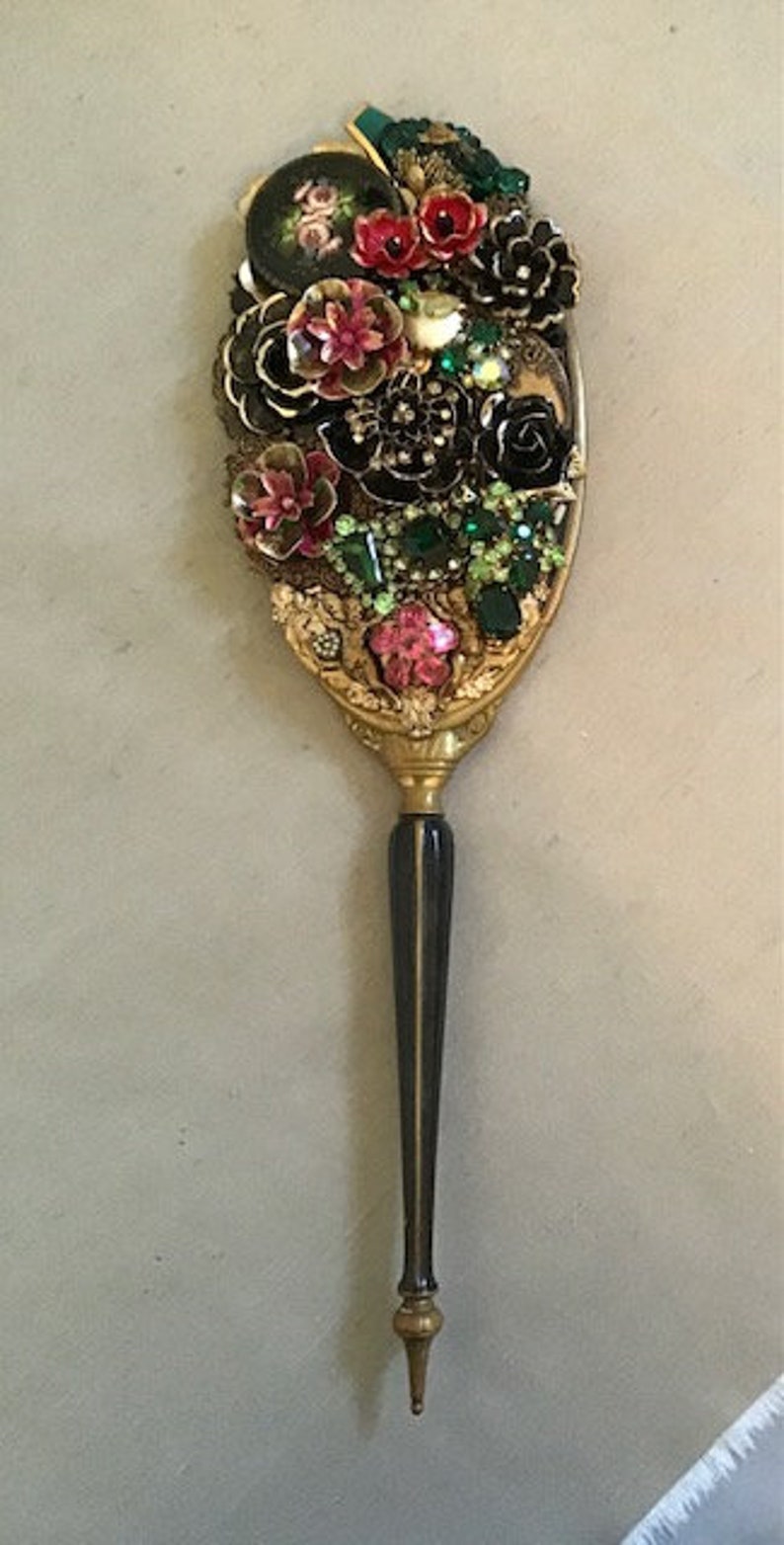 Hand Held Mirror Antique Art Deco Black and Brass Jewel - Etsy