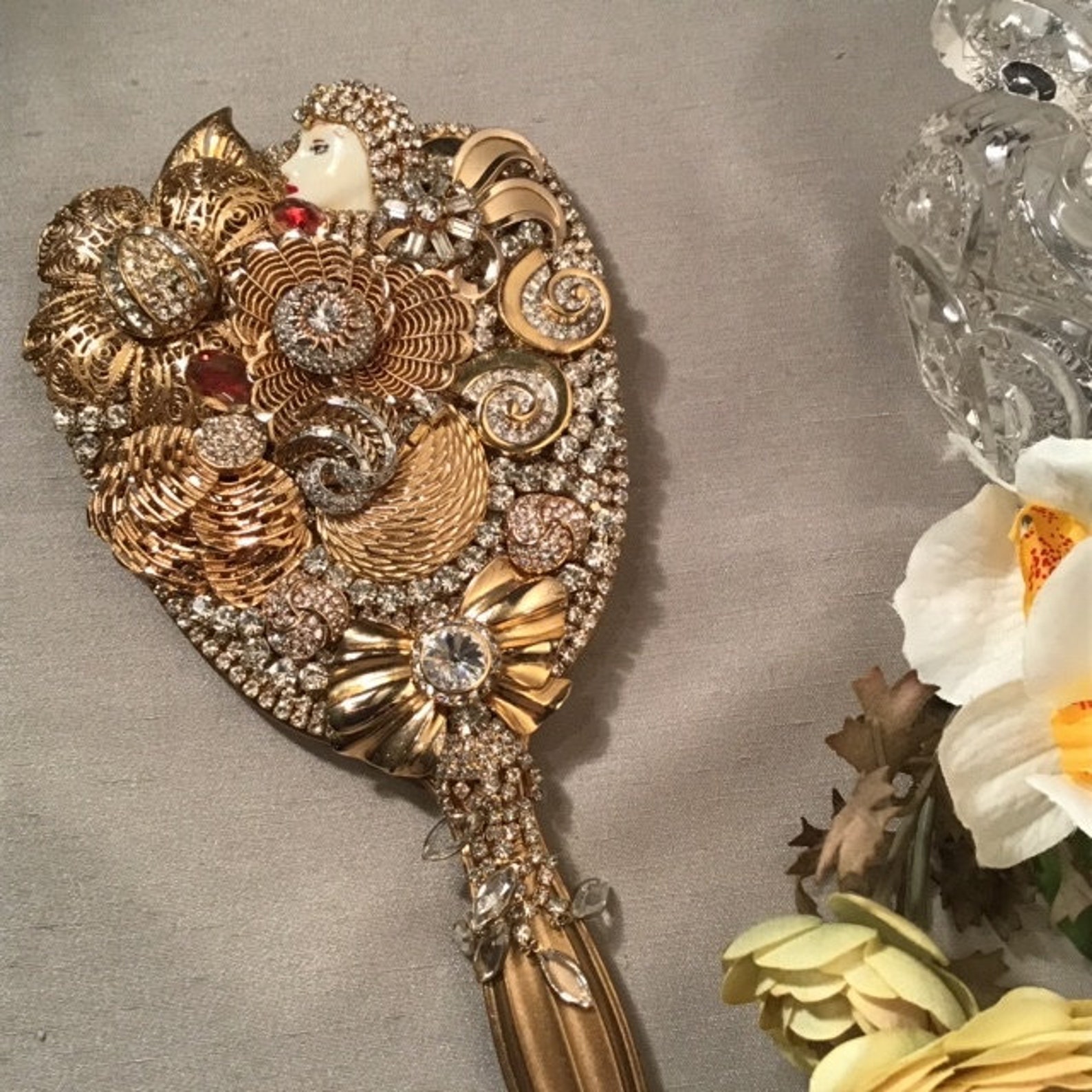 Vintage Hand Mirror Bejeweled Gold and Rhinestone Bedroom or - Etsy
