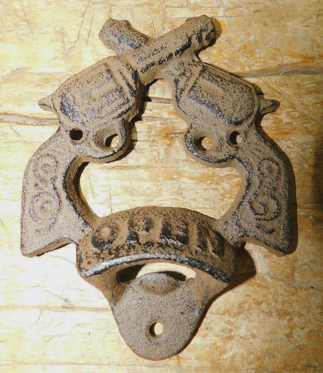 Cast Iron DOUBLE PISTOL Bottle Opener Wall Mount Bar Kitchen GUN Beer ...