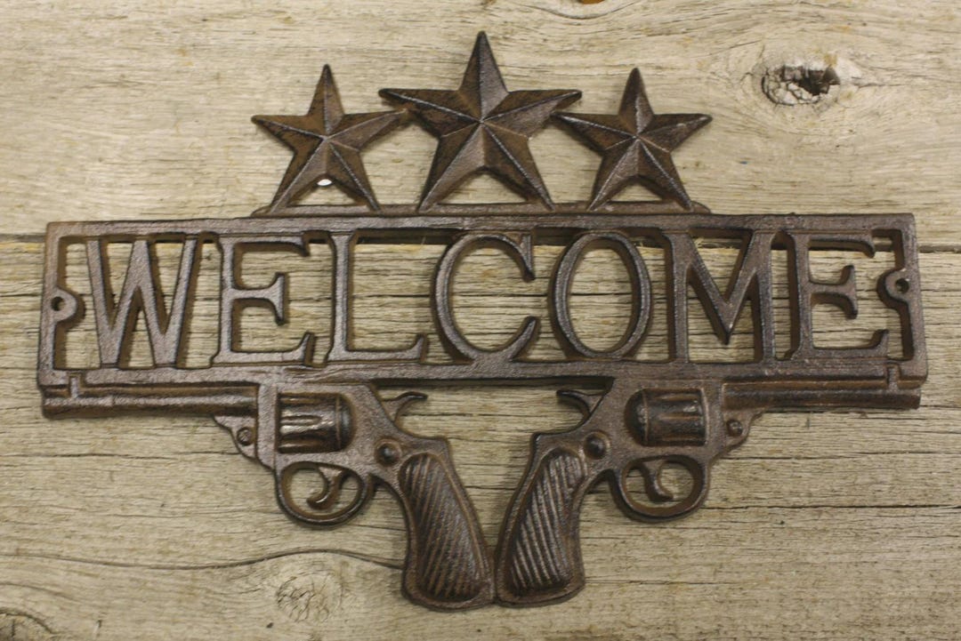 Cast Iron PISTOL WELCOME Plaque Sign Rustic Ranch Western Style Man ...