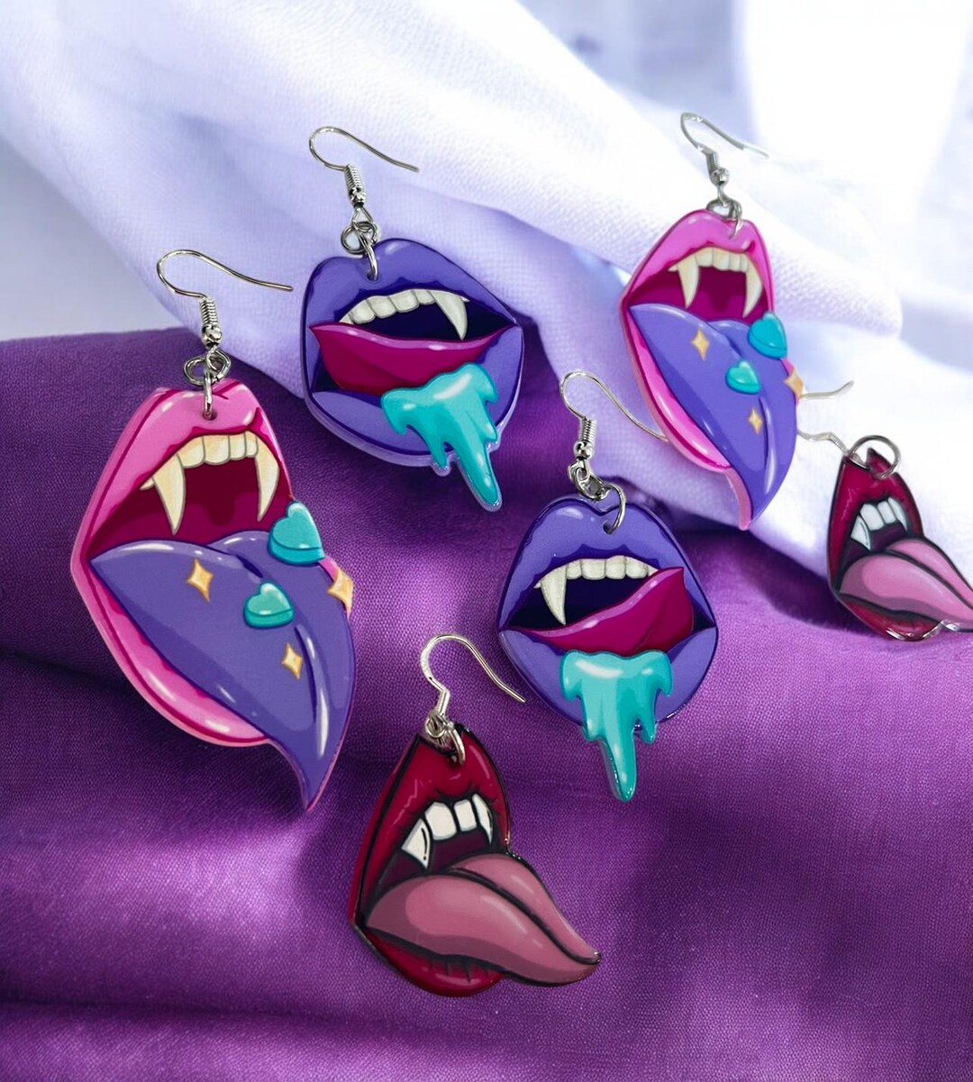 Handmade Vampire Mouth Earring Set – Gothic Fangs, Tongues, Dripping ...