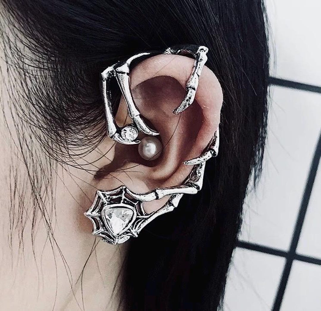Spiderweb Ear Cuff, Gothic Claw Wrap, Pearl Crystal Jewelry, Non ...