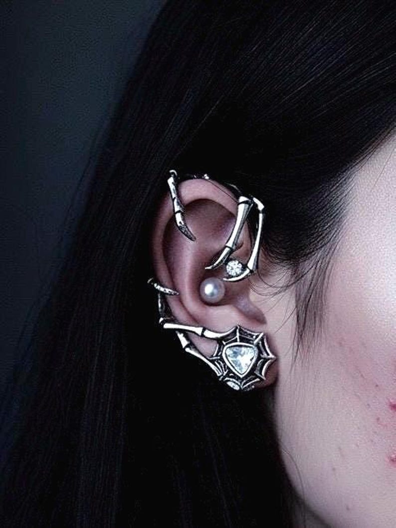 Spiderweb Ear Cuff, Gothic Claw Wrap, Pearl Crystal Jewelry, Non ...