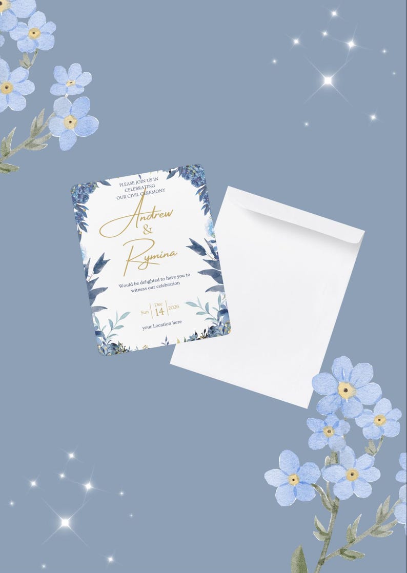 Blue Floral Civil Wedding Invitation Template | Gold Script (PDF ...