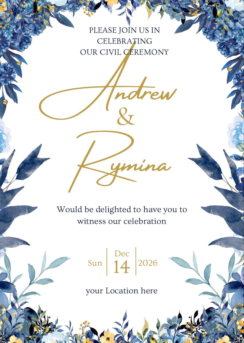 Blue Floral Civil Wedding Invitation Template | Gold Script (PDF ...