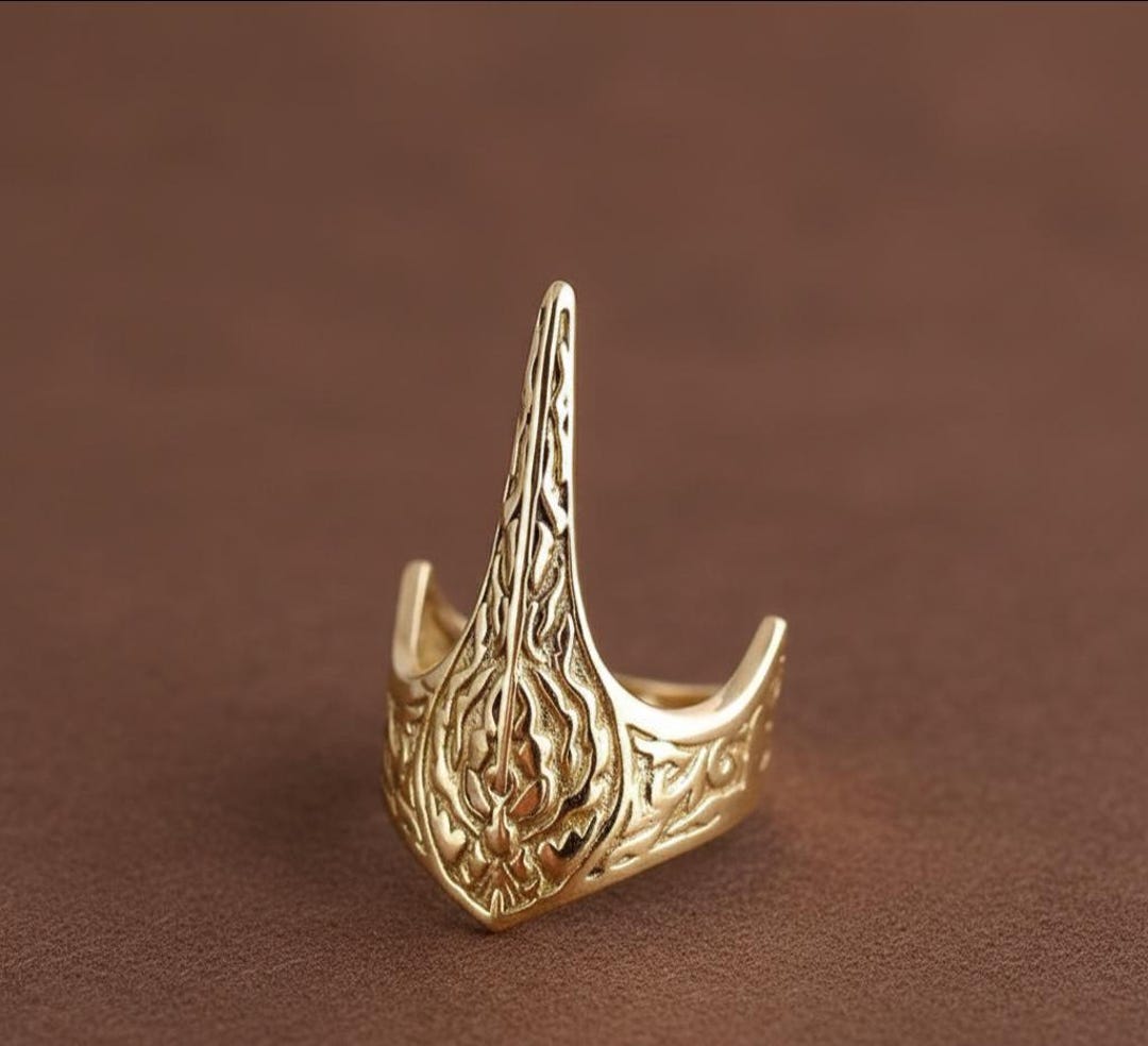 Medieval Elongated Gold Ring, Vintage Armor Style Finger Tip Ring, Boho ...