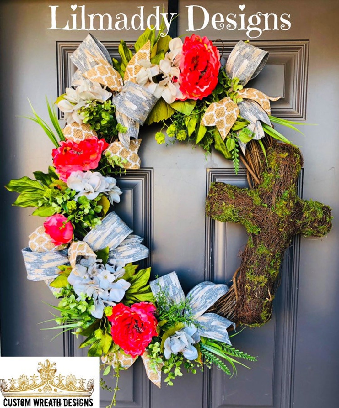 Pink Peonies Moss Cross Summer Wreath, Lilmaddydesigns, Summer Wreath ...