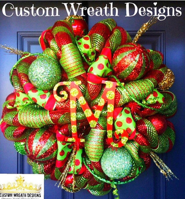 Christmas wreath mesh wreath monogrammed door wreath | Etsy