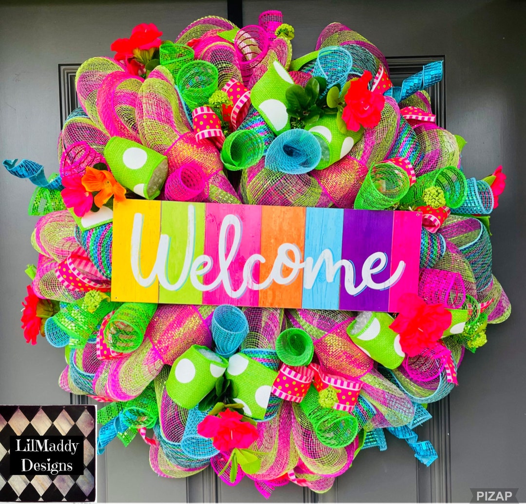 Colorful Stripe Welcome Wreath, Summer Wreath, Bright Vibrant Wreath ...
