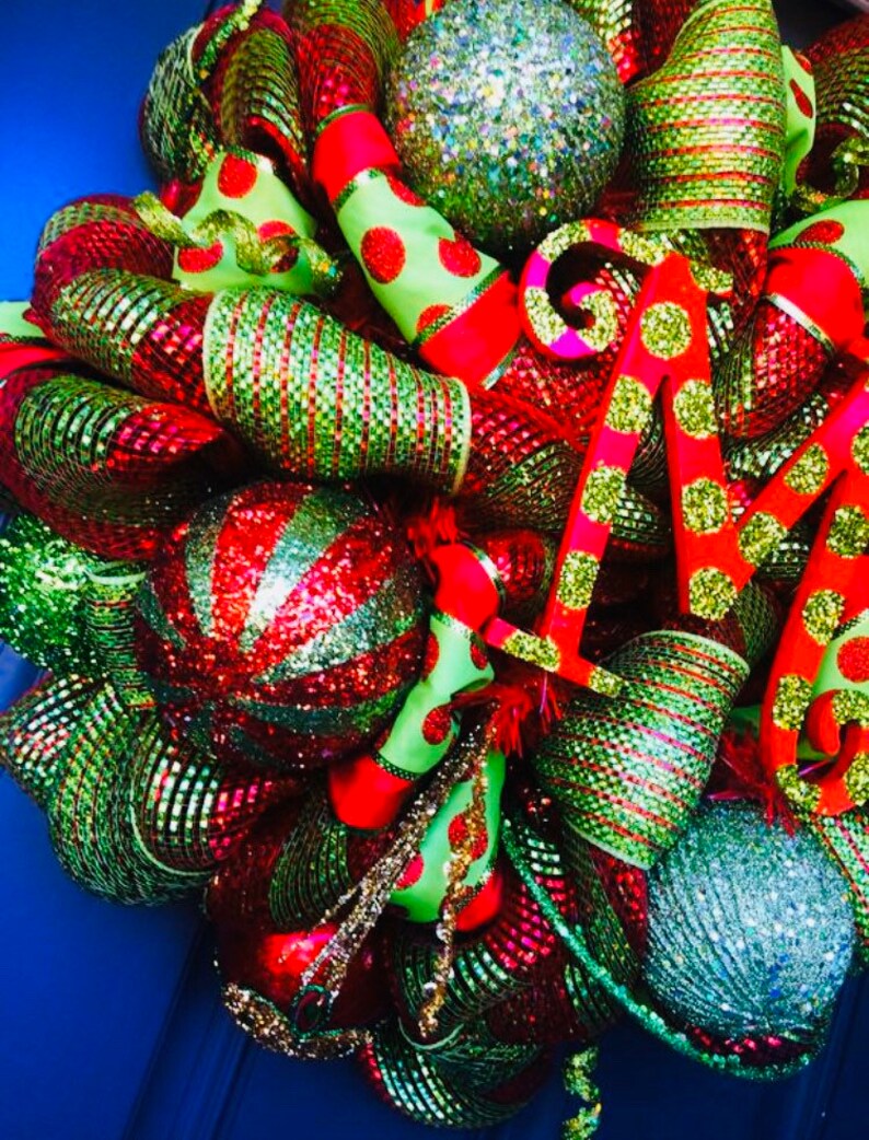 Christmas wreath mesh wreath monogrammed door wreath | Etsy