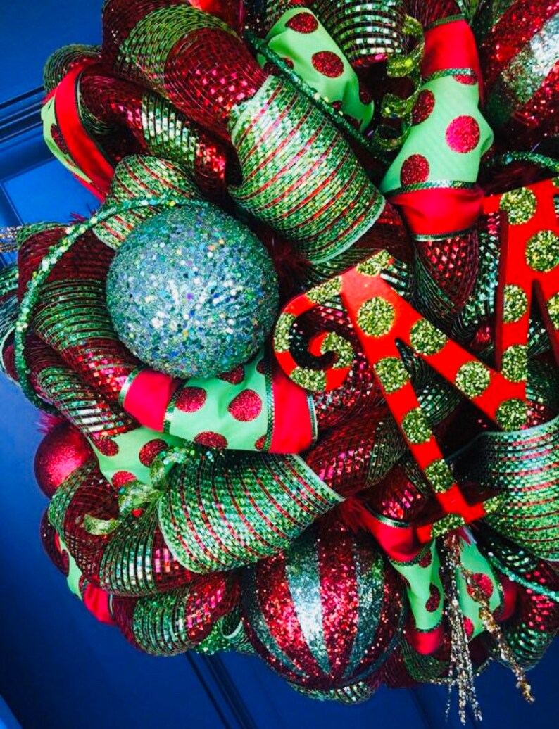 Christmas wreath mesh wreath monogrammed door wreath | Etsy