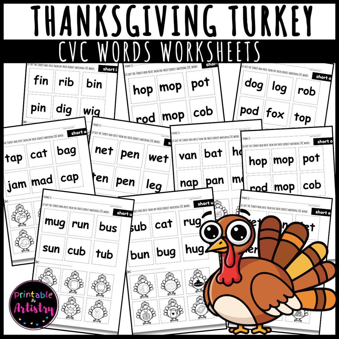 Thanksgiving CVC Worksheets | Turkey Card Words | Thanksgiving No-prep ...
