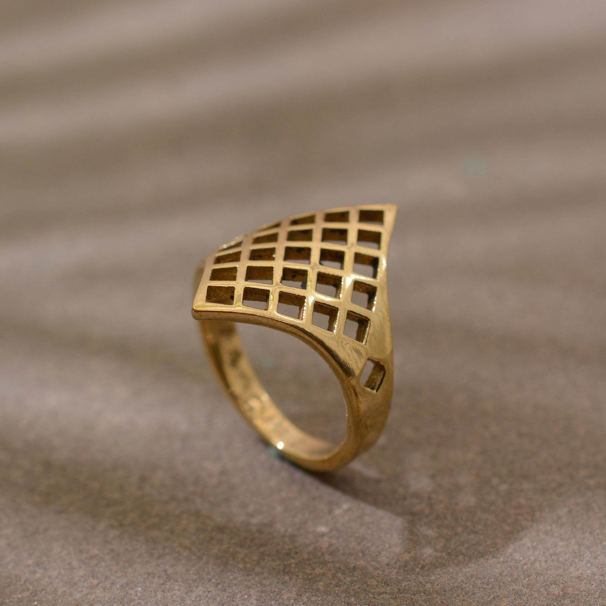 Gold Geometric Grid Ring, Diamond Shaped Shield Ring, Modern Cutout ...