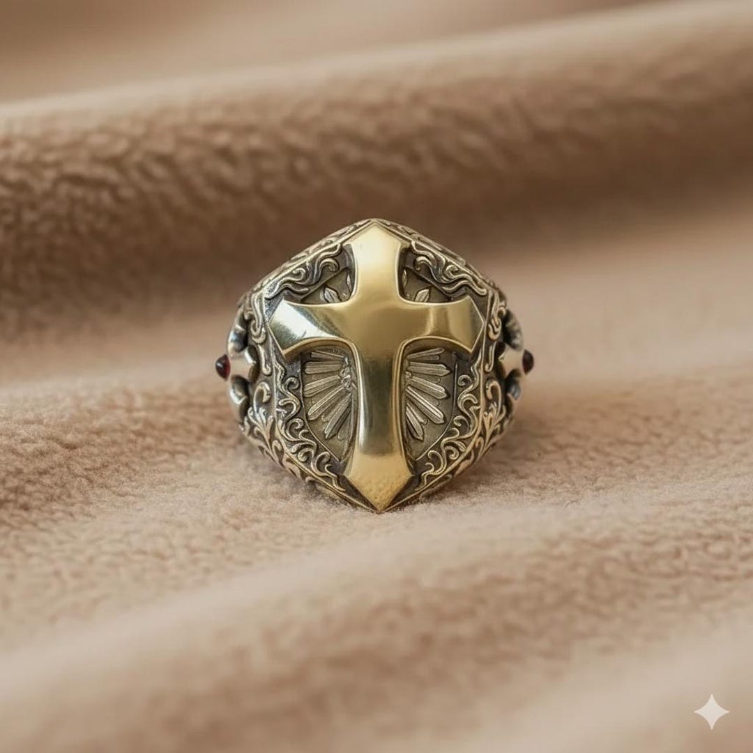 Gold Cross Signet Ring, Medieval Knight Ring, Vintage Gothic Cross ...