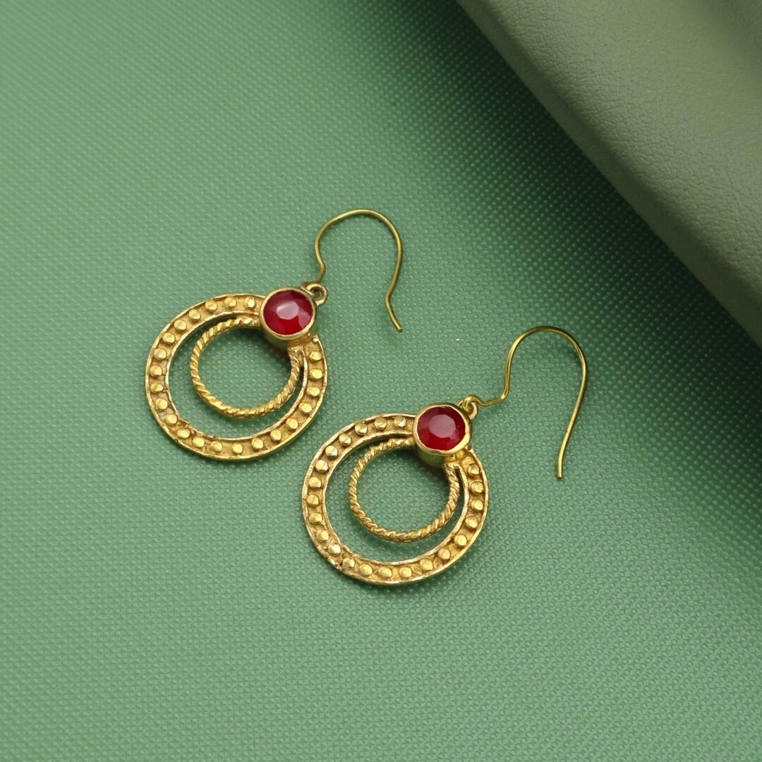 Gold Circle Dangle Earrings, Red Gemstone Boho Earrings, Handmade Brass ...