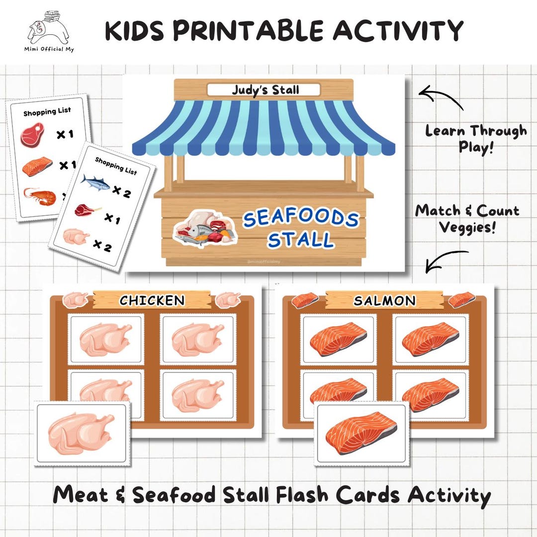 Meat & Seafood Counting Activity for Kids, Printable Flash Cards ...