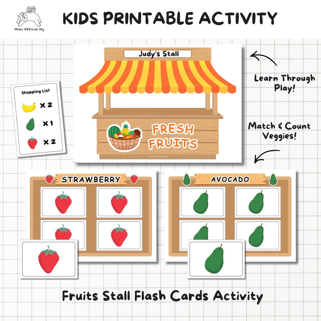 Fruits Stall Flash Cards Activity, Kids Counting Printable, Preschool ...