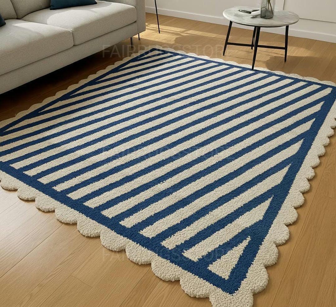 Modern Blue and Cream Striped Tufted Rug – Scalloped Edge Geometric ...