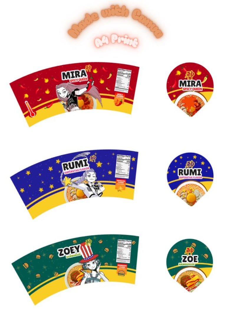 Kpop Demon Hunters Ramen/ Noodle Cup Covers, Rumi, Mira, Zoey ...