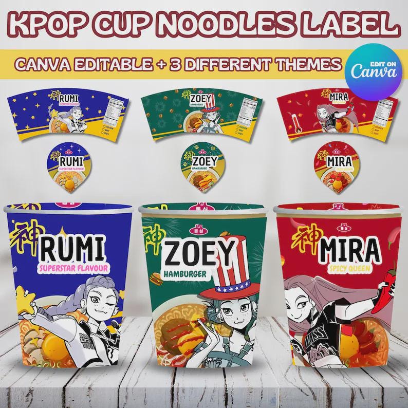 Kpop Demon Hunters Ramen/ Noodle Cup Covers, Rumi, Mira, Zoey ...