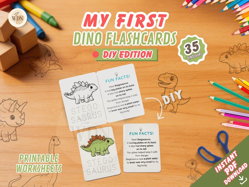 Printable Dinosaur Flashcards for Kids: DIY Coloring & Montessori ...