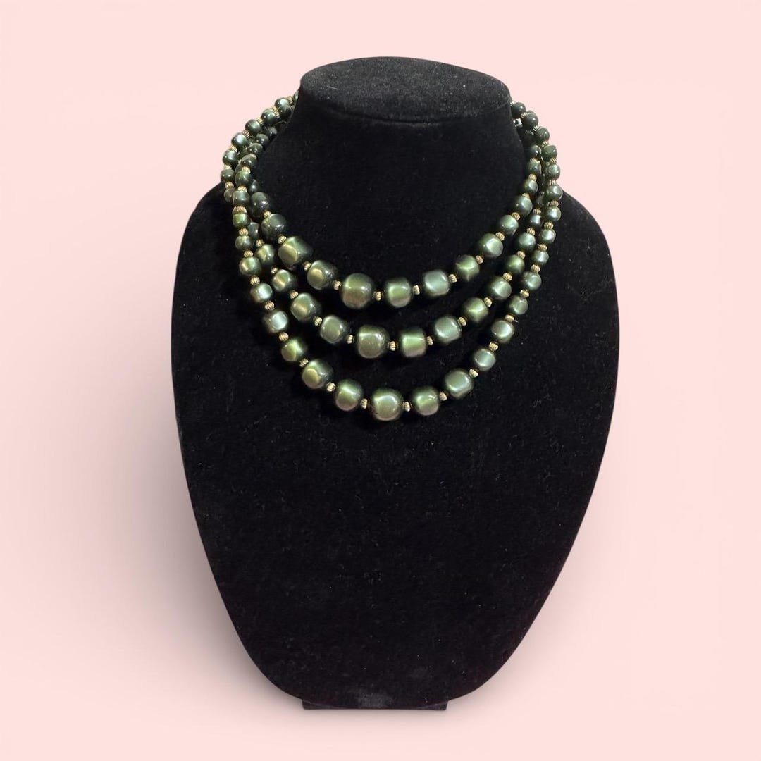 Vintage Triple Strand Olive Green Satin Bead Necklace With Gold Toggle ...
