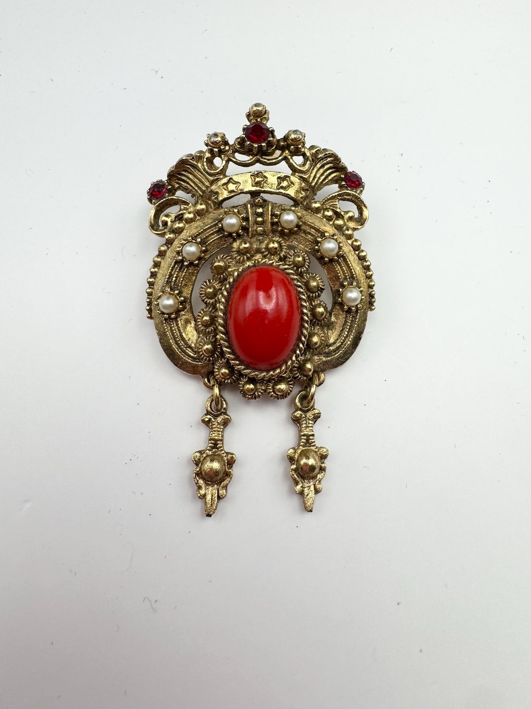 Victorian Revival Crown Brooch, Red Glass Cabochon, Faux Pearl ...