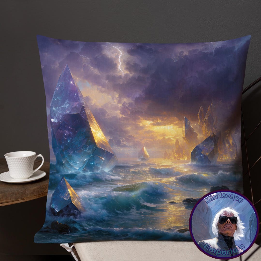Crystal Tidal Realm Fantasy Cushion – Ocean Waves, Sunset Light & Mystical Gemstone Landscape - Etsy