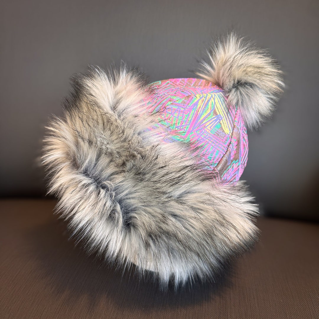 Handmade Screen Printed Leather Mongolian Style Hat With With Faux Fox ...