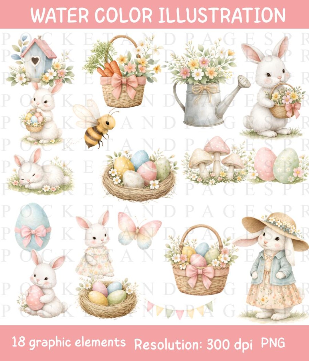 Pastel Easter Bunny Watercolor Clipart Bundle, Vintage Spring PNG Set ...