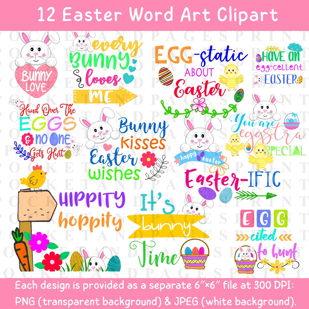 Easter Word Art Clipart Bundle, 12 Bunny Easter PNG Graphics Set, Cute ...
