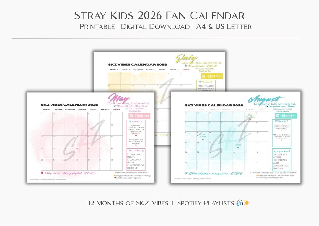 SKZ Vibes 2026 Fan Calendar: Printable & Digital With Spotify Playlists ...