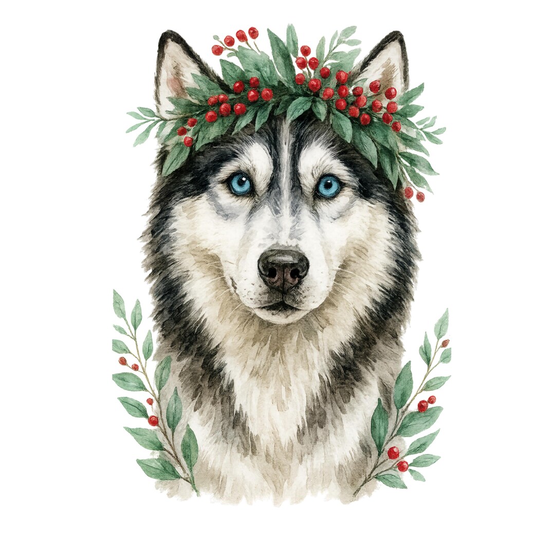 Watercolor Siberian Husky Christmas Portrait / Festive Dog Art With ...