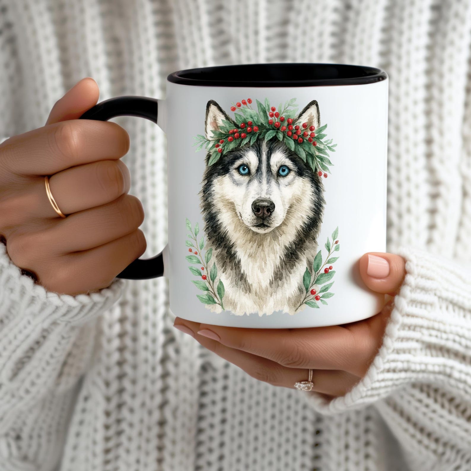 Watercolor Siberian Husky Christmas Portrait / Festive Dog Art With ...