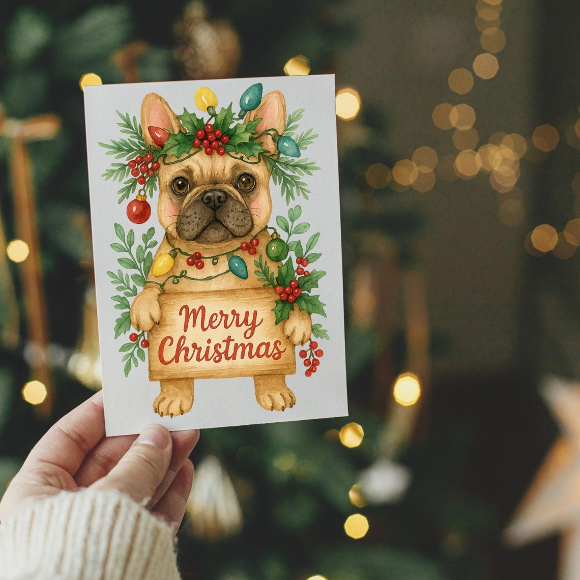 Watercolor French Bulldog Christmas Art / Festive Dog With Light ...
