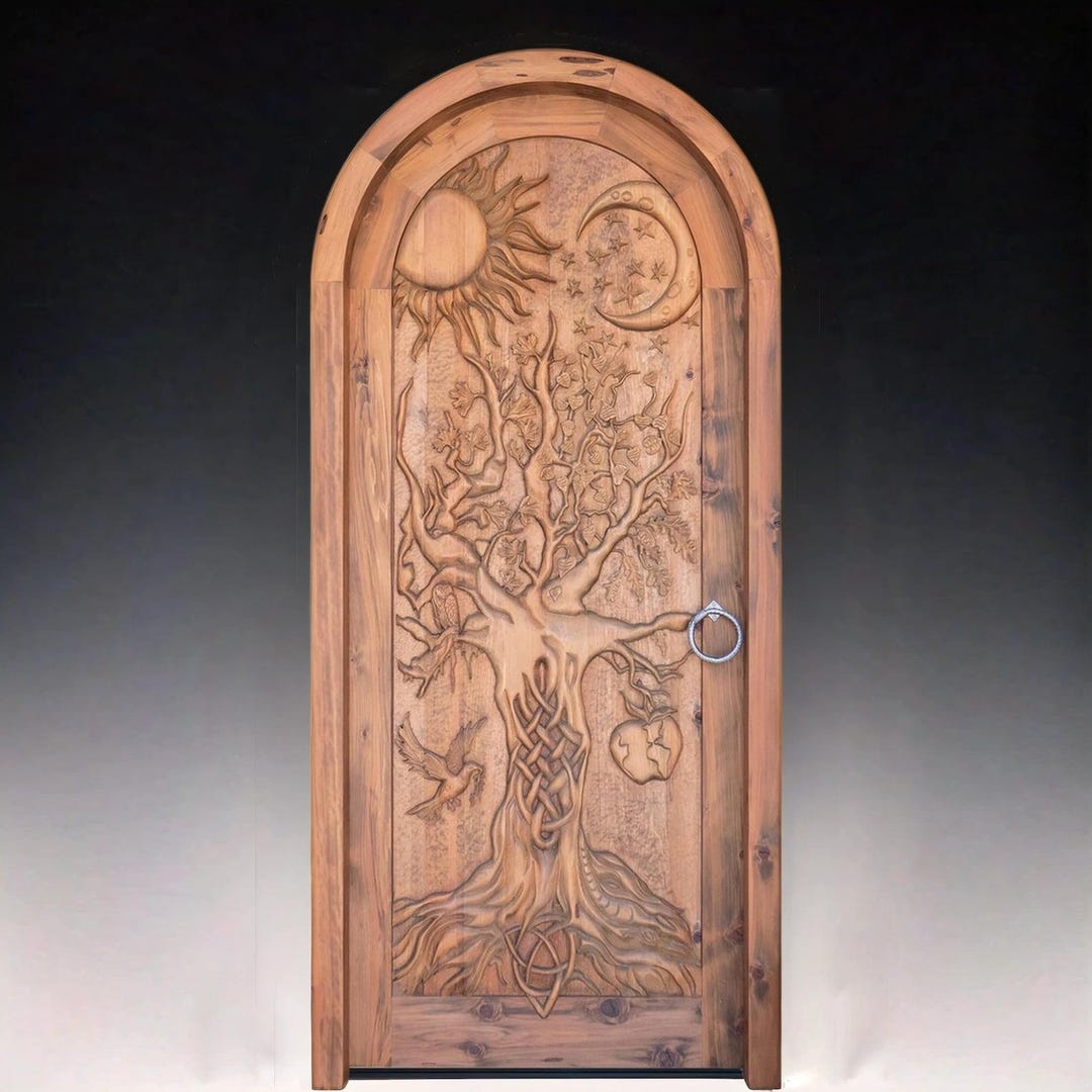 Tree of Life Carved Wooden Door | Sun & Moon Arched Entry Door | Custom ...
