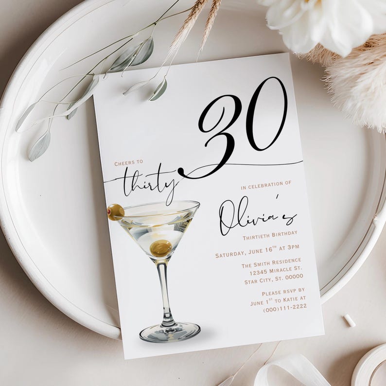 30th Birthday Invite Template, Martini Birthday Invitation, Cheers to ...