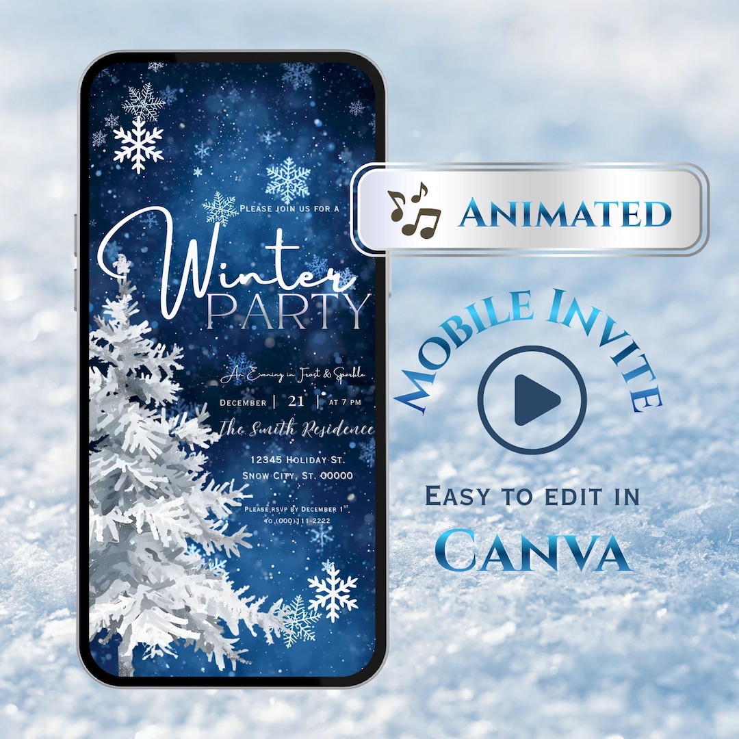 Animated Winter Party Invitation Template | Dark Blue Silver Snowflakes ...