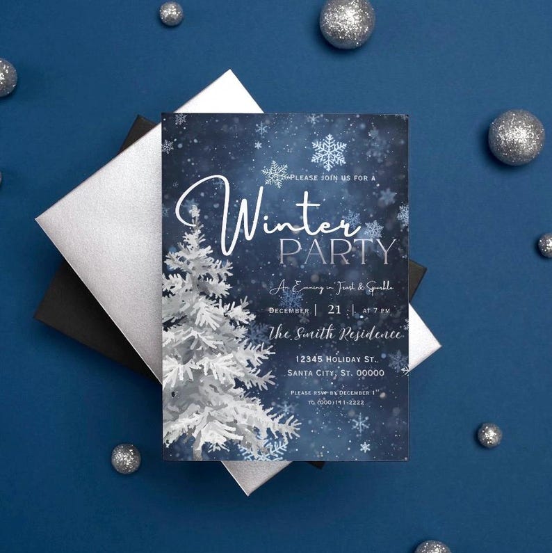 Editable Winter Party Invitation | Dark Blue Silver Snowflakes ...