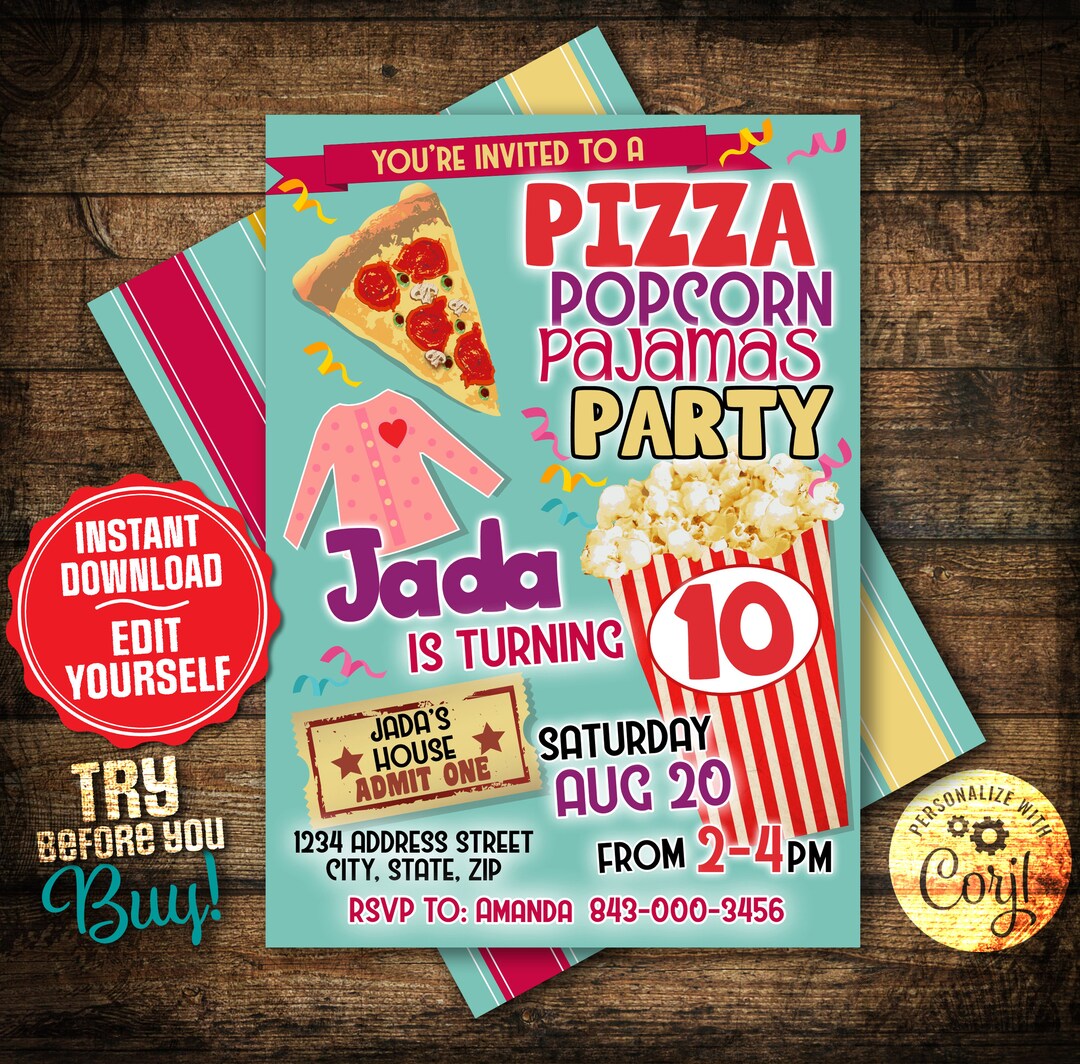 Pizza Popcorn Pajama Party Birthday Invitation Editable - Etsy