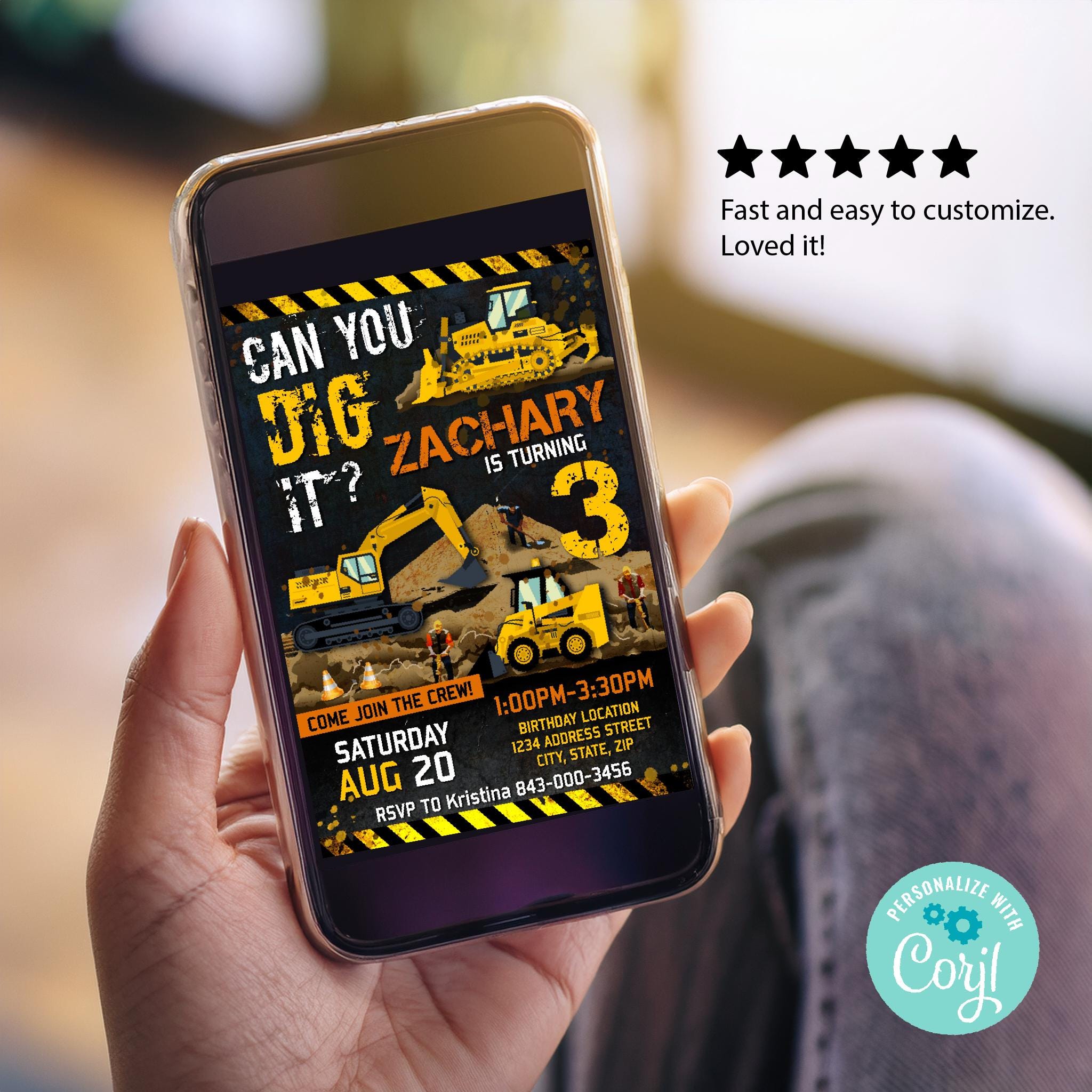 Construction Birthday Invitation | Excavator Theme (digital Download ...